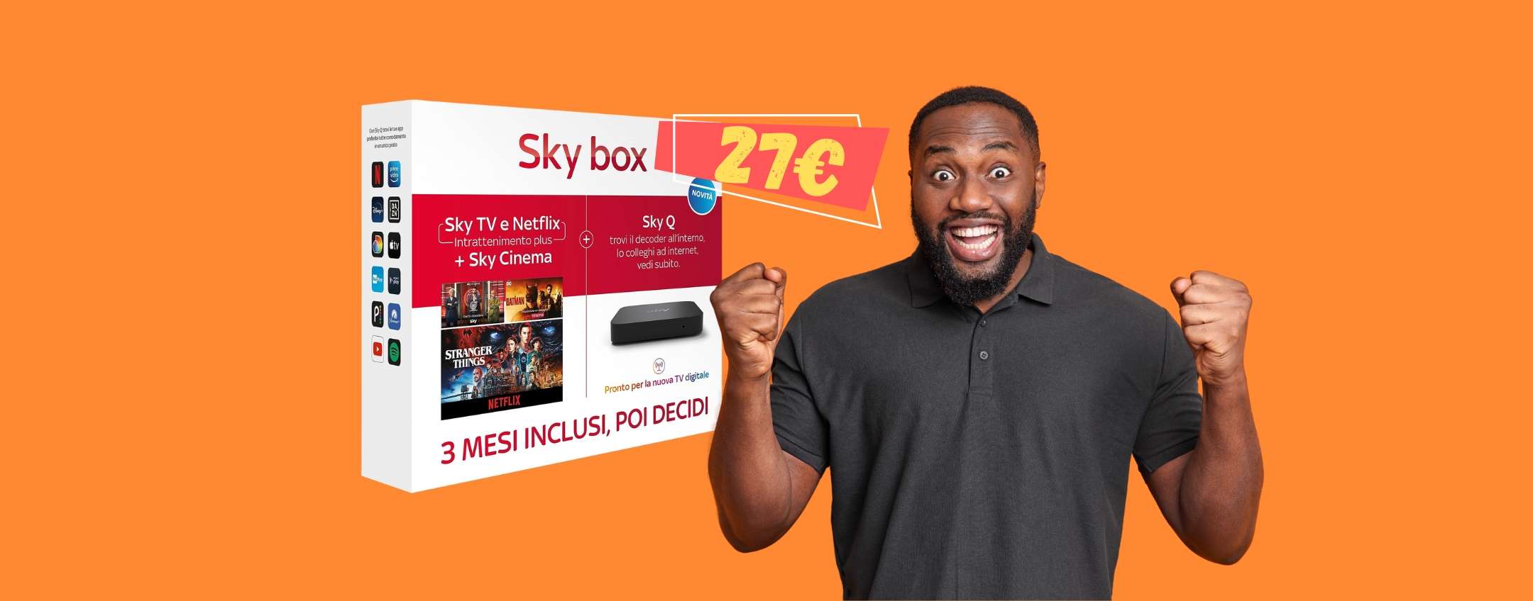 Sky box con decoder Sky Q e 3 mesi di Sky TV, Netflix e cinema a 27€