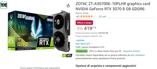 NVIDIA RTX 3070 cala di prezzo su Amazon: costa 419€ con QUEST'OFFERTA