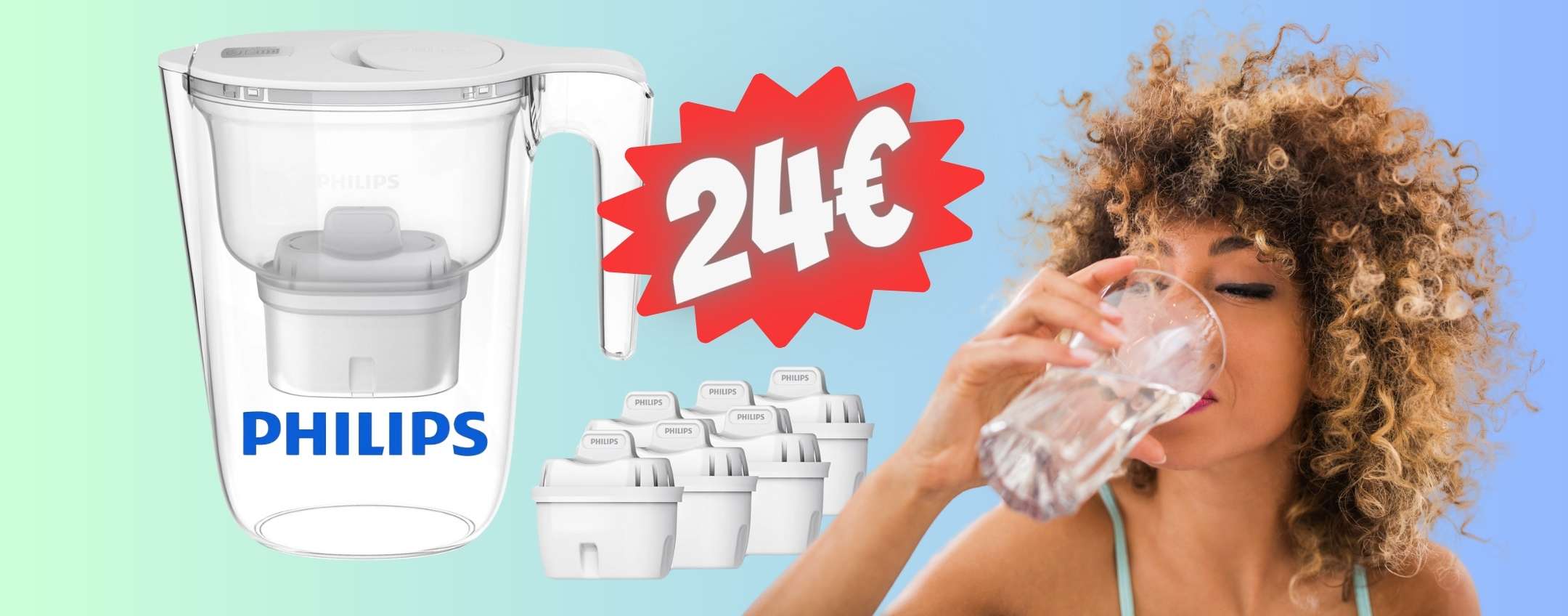 Caraffa filtrante Philips con 6 cartucce per bere l'acqua pulita (24€)