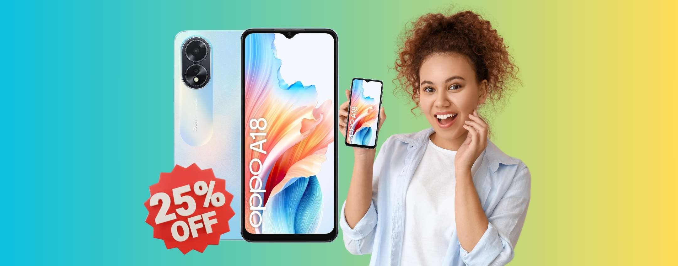 OPPO A18 con doppia fotocamera e display da 6,56" al 25% in MENO
