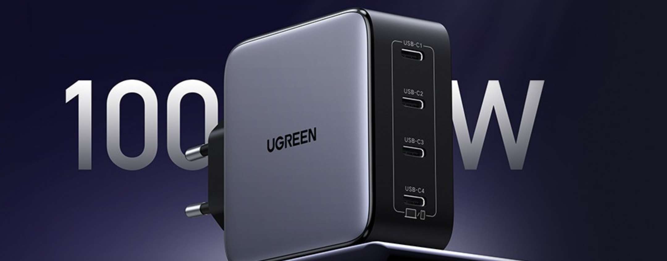 Caricatore USB da 100W con 4 porte che ricarica anche un laptop (39€)