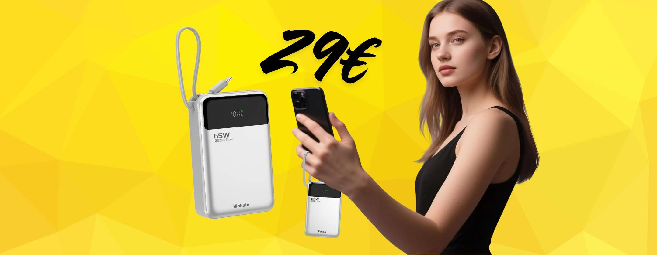 Power Bank da 65W e capacità da 20000mAh con cavo integrato (29€)
